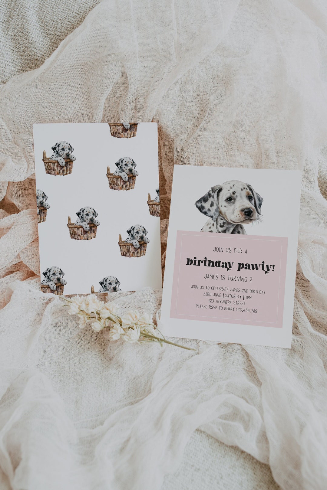 Pink Dalmatian Dog Birthday Invitation - Dog First Birthday - Dog ...