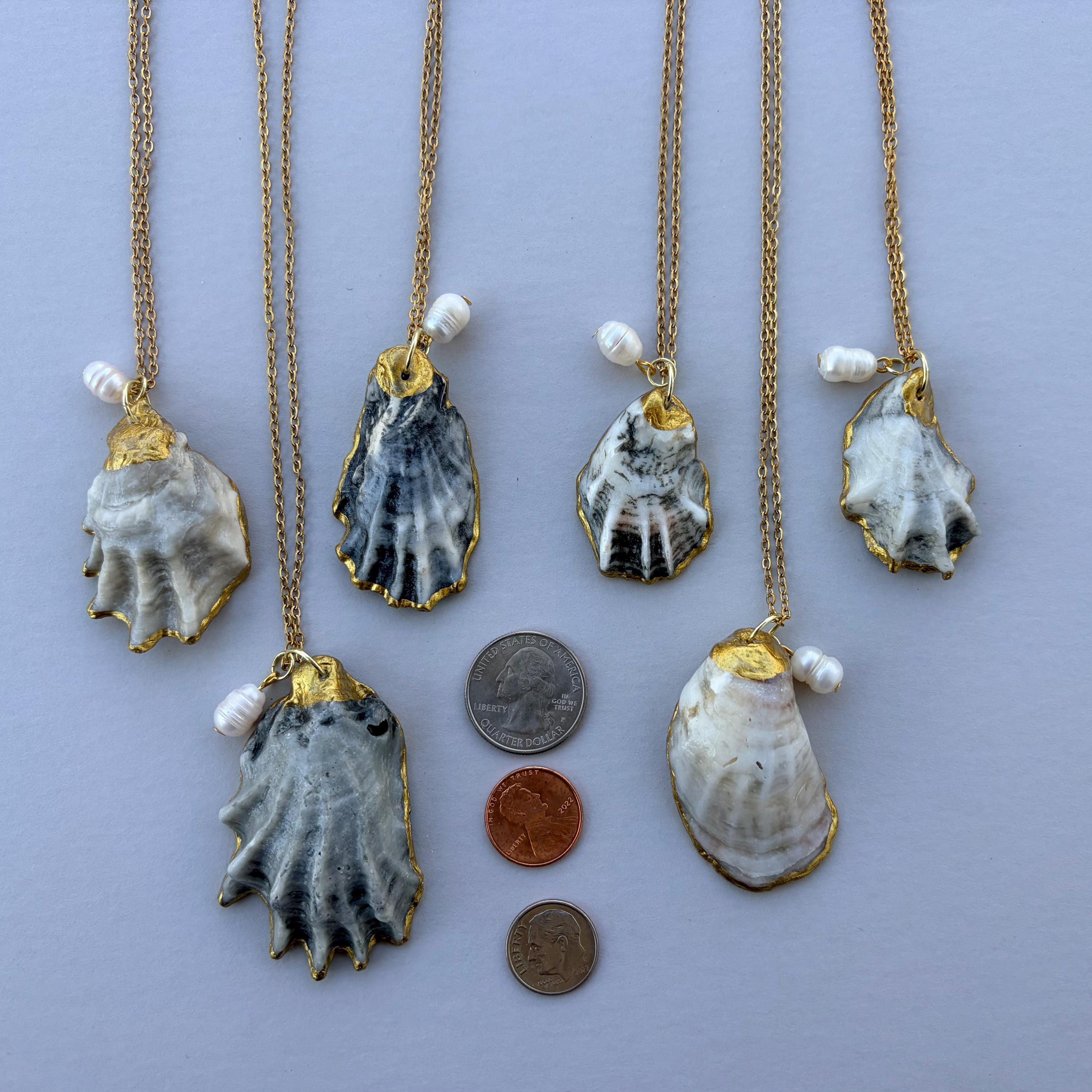 Oyster Shell Necklace Pearl Pendant Gold Accent Beach Jewelry Coastal ...