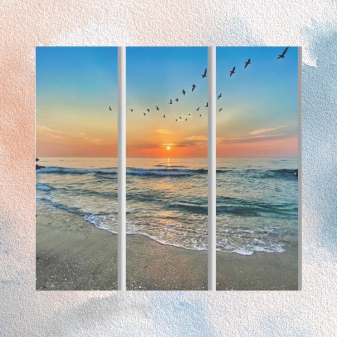 Sunset Beach Art With Flying Bird Acrylic Triptych Coastal Wall Art ...