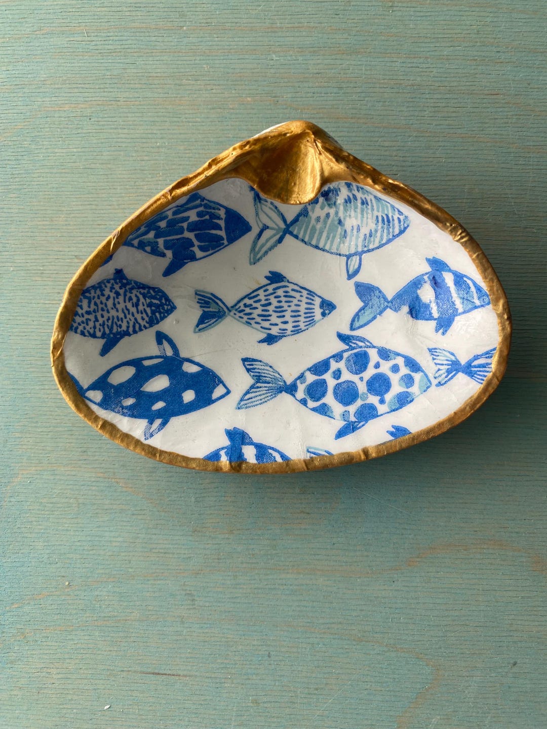 Ring Dish Handmade Clam Shell Blue White Flowers Shell Jewelry Tray ...