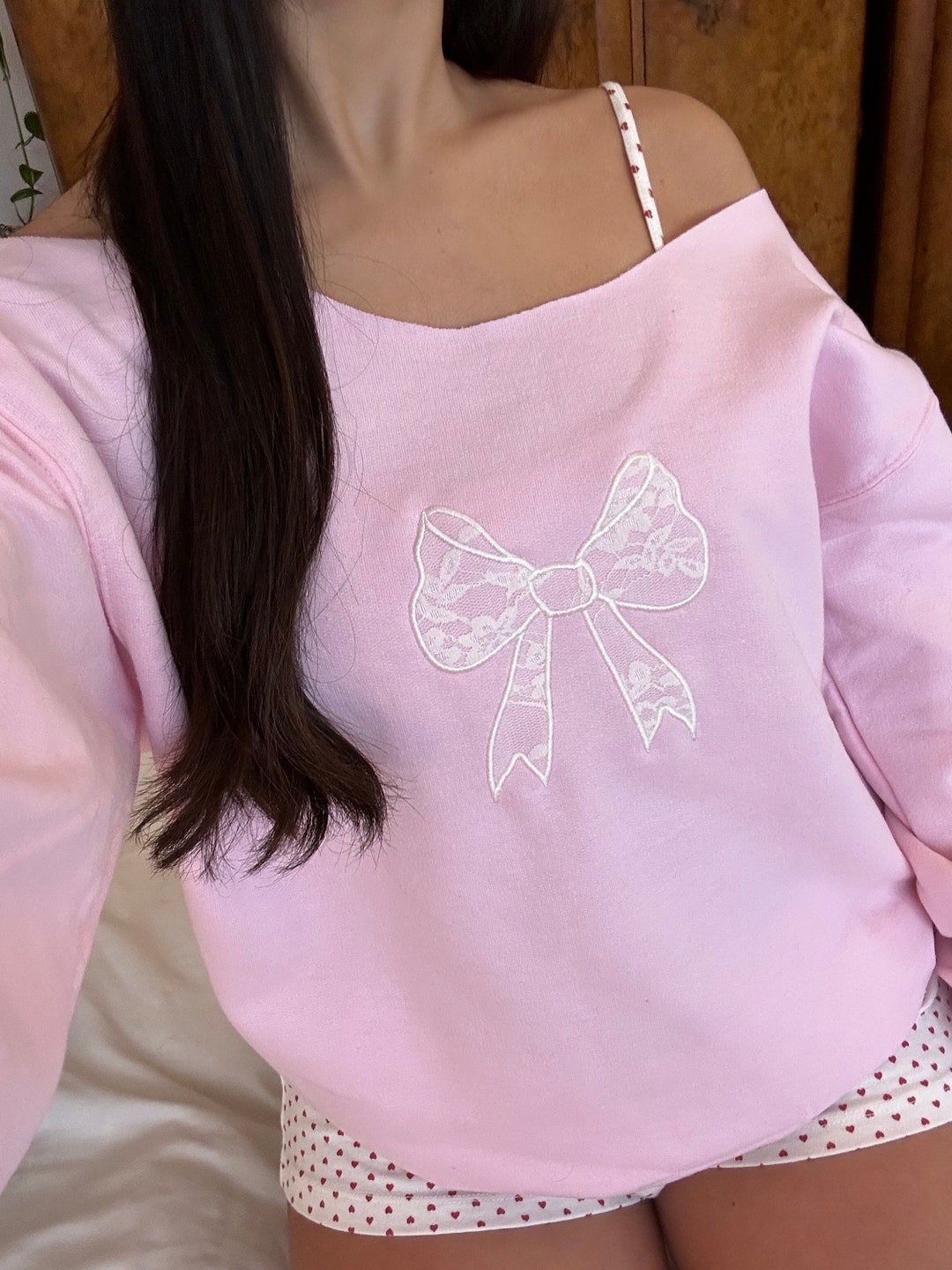 Pink Coquette Sweatshirt Lace Bow Sweatshirt Ribbon Sweater off the ...