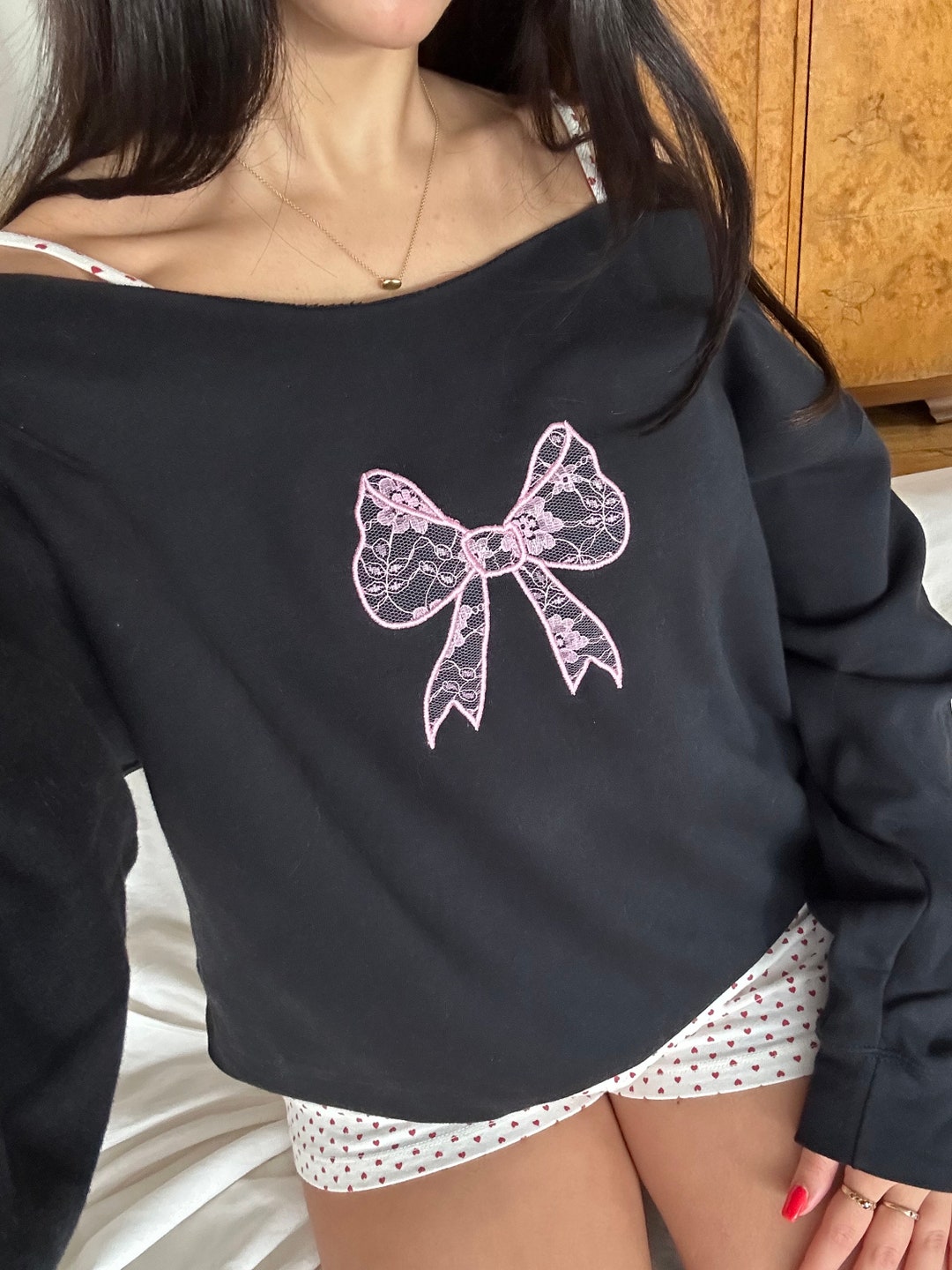 Black Coquette Sweatshirt Pink Lace Bow Sweatshirt Ribbon Sweater Off