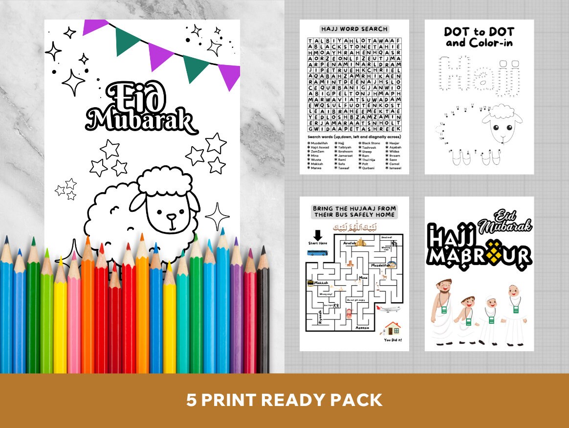 Hajj and Eid Coloring Pages for Kids, Printable Eid Activity Pack ...