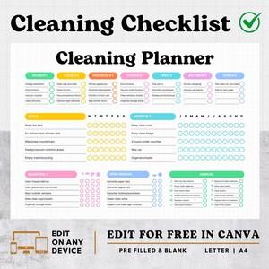 Editable Cleaning Checklist, Printable Cleaning Checklist, Household ...