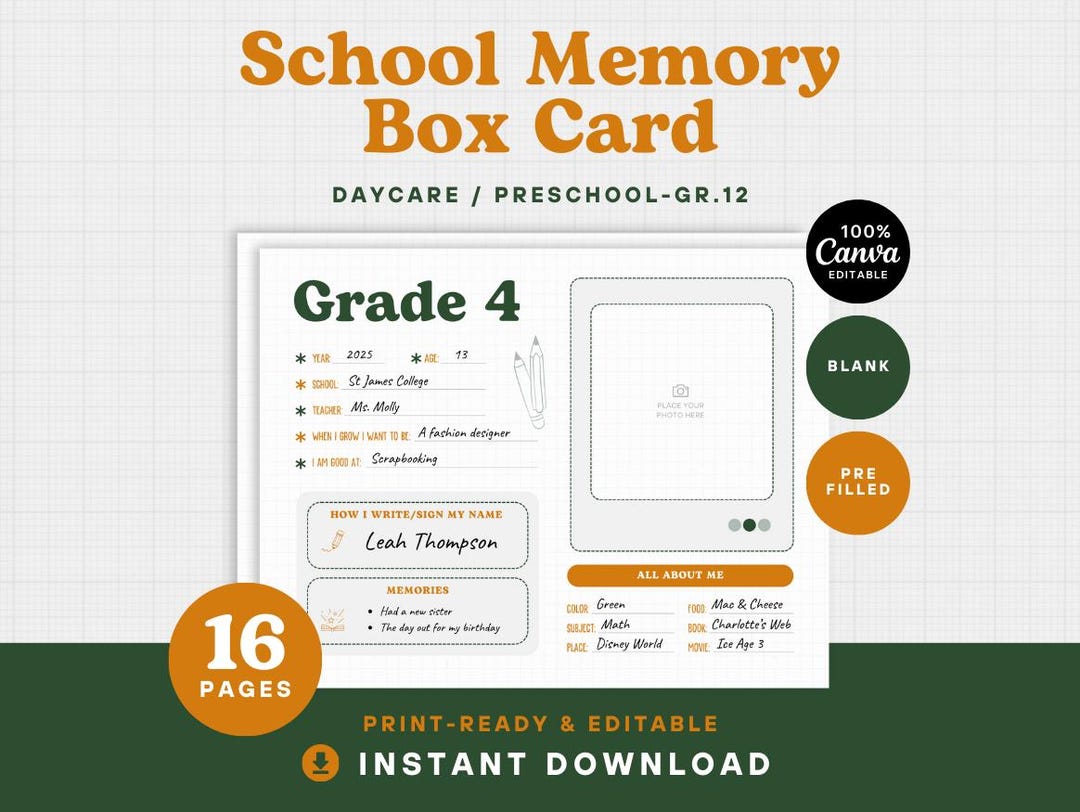 SCHOOL MEMORY BOX Folder Cover, Printable Questionnaire Sheet, Kids ...