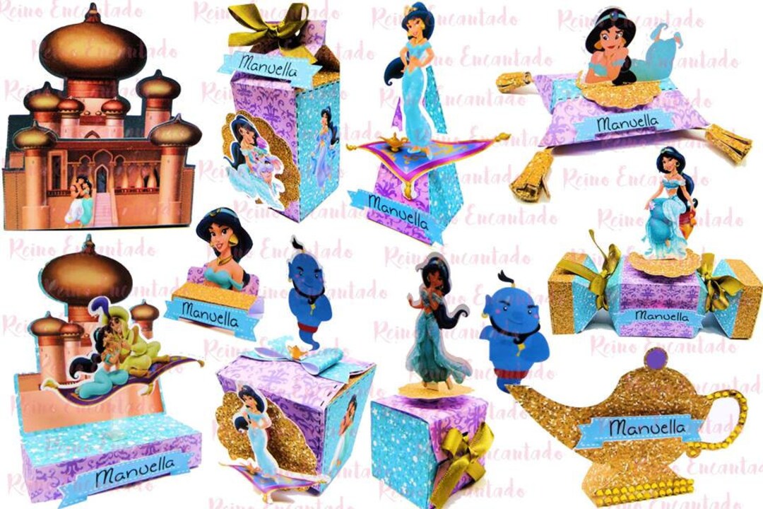 Jasmine Party - Favors Boxes Personalized, Party Supplies Tags Digital ...