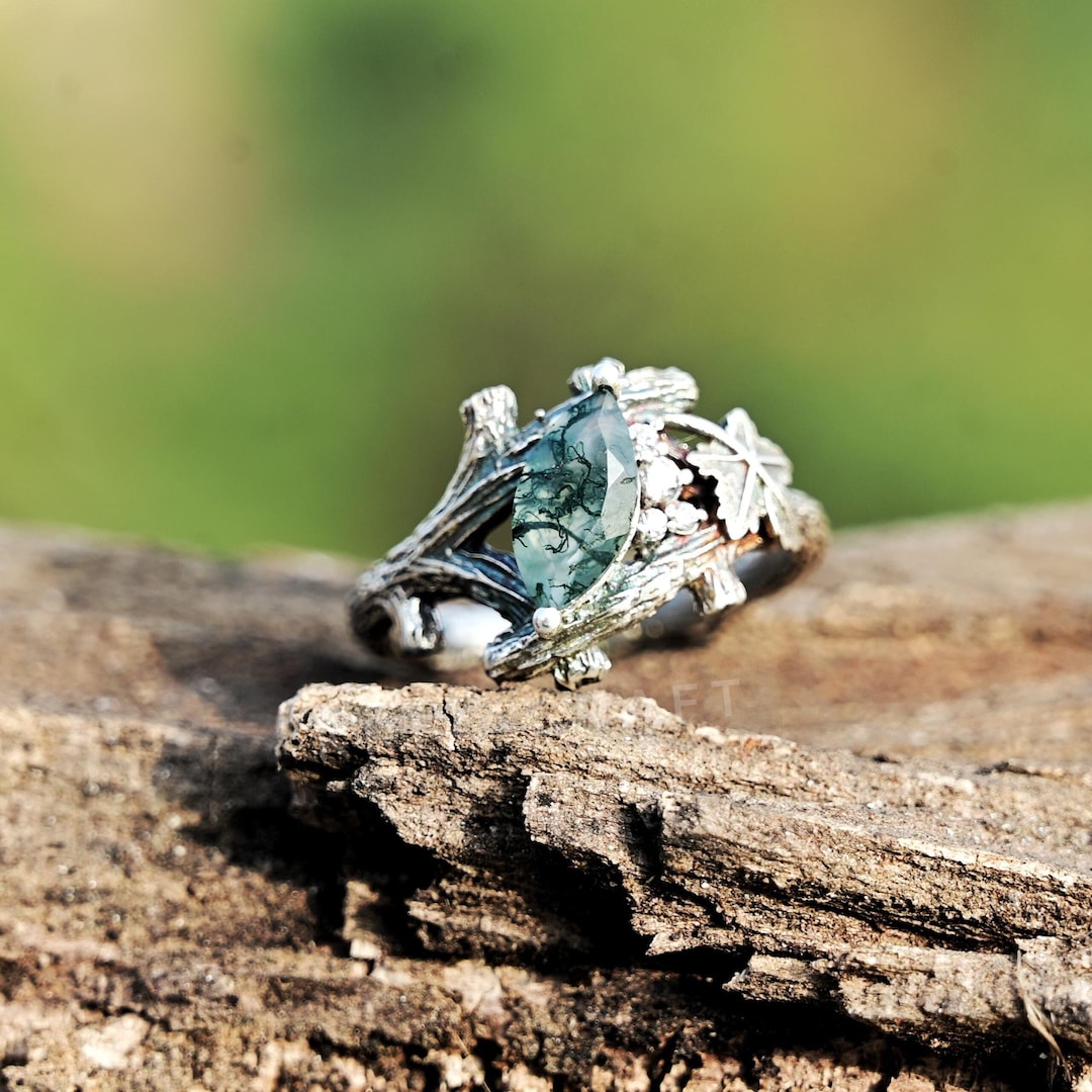 Unique Leaves Ring, Natural Moss Agate Ring, 925 Sterling Silver Ring ...