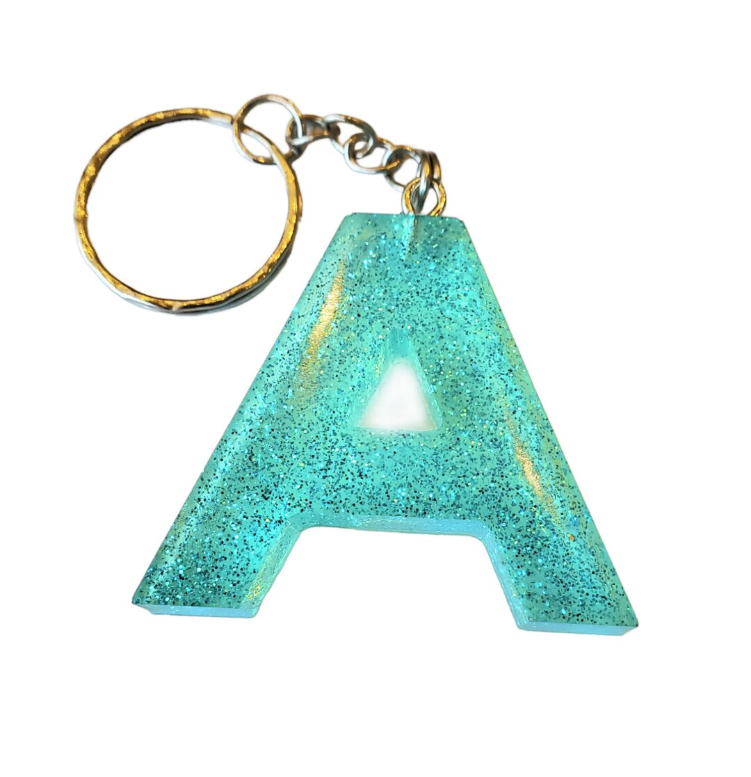 Initial A Keychain Turquoise Blue Glitter Keychain Resin Keychain - Etsy