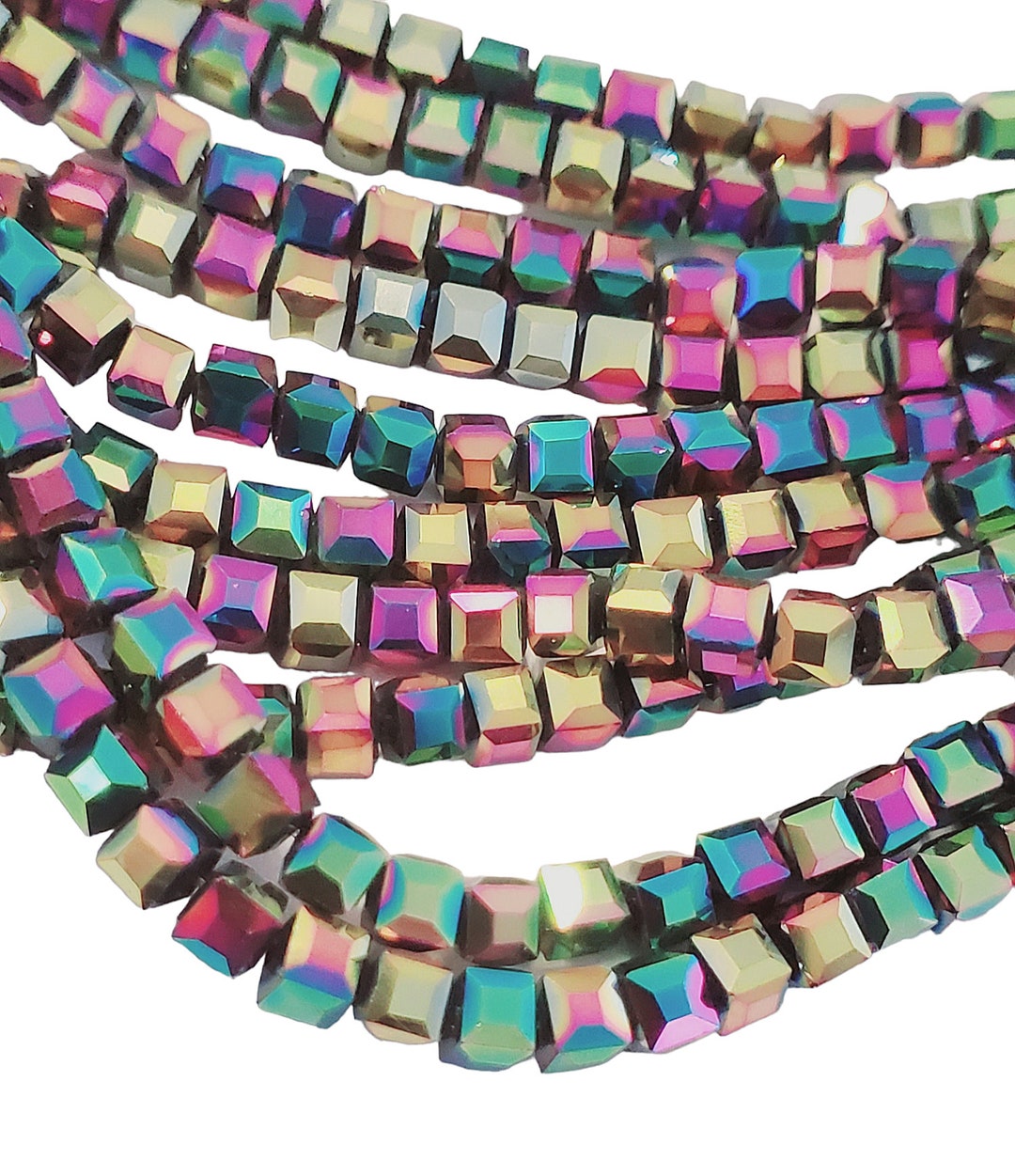 Peacock Multi Faceted Glass Square Cube Beads Strand 4mm Purple Pink ...