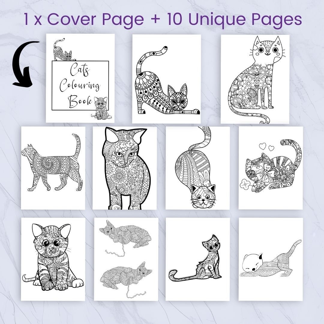 10 Cat Colouring Sheets, Cat Printable, Cat Activity, Adult and ...