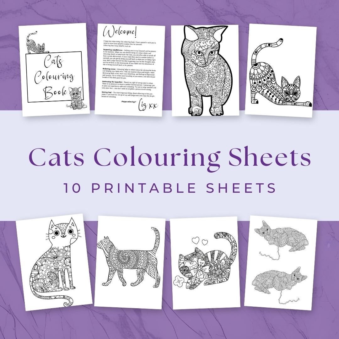 10 Cat Colouring Sheets, Cat Printable, Cat Activity, Adult and ...