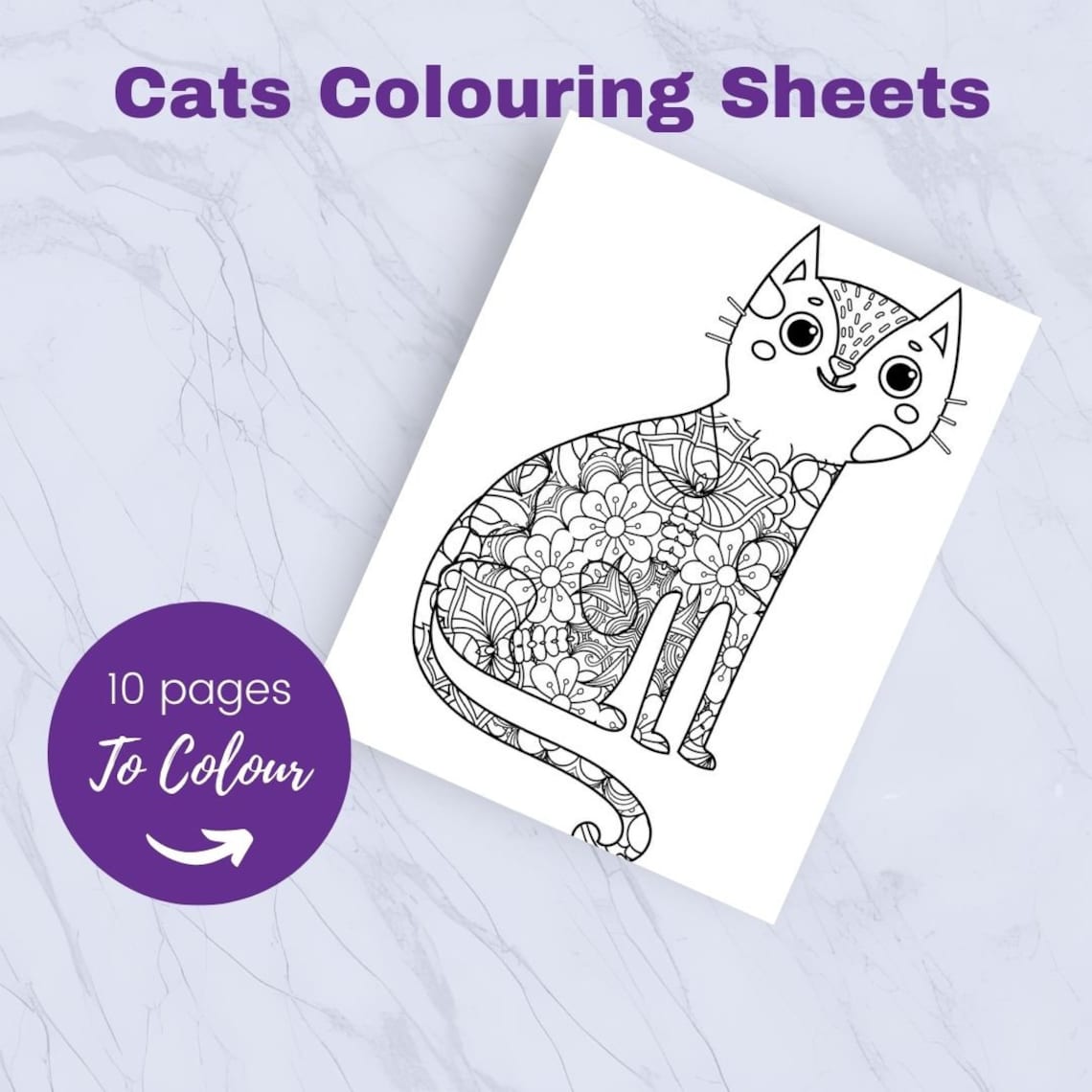10 Cat Colouring Sheets, Cat Printable, Cat Activity, Adult and ...