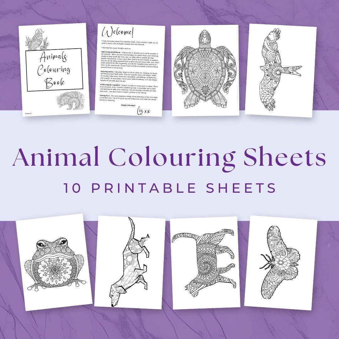 10 Animal Colouring Sheets, Animal Printable, Animal Activity, Adult ...