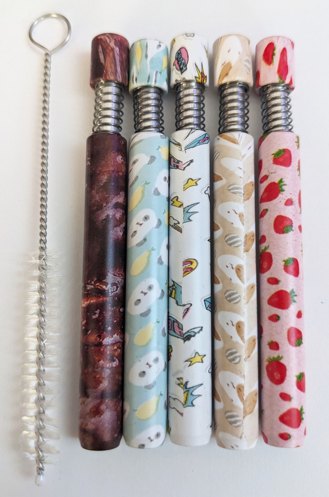 5x Metal One Hitters With Designs Spring Loaded 1 Hit Pipes 3.16" Long ...