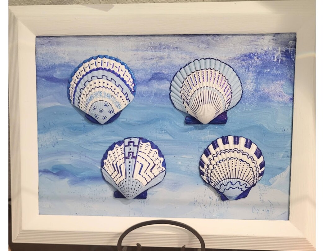 Hand Painted Patterns on Scallop Shells Mounted on Coastal Background ...