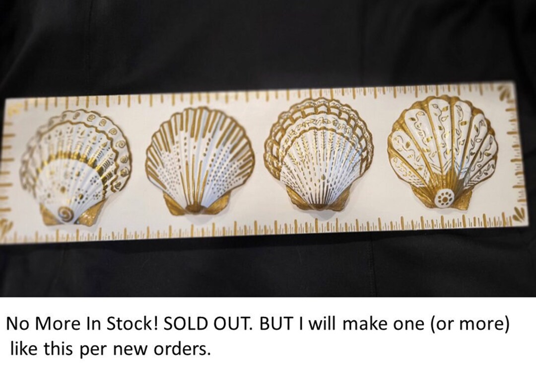 Hand Painted Gold & White Scallop Shells on Wood Board Wall Decor Shelf ...