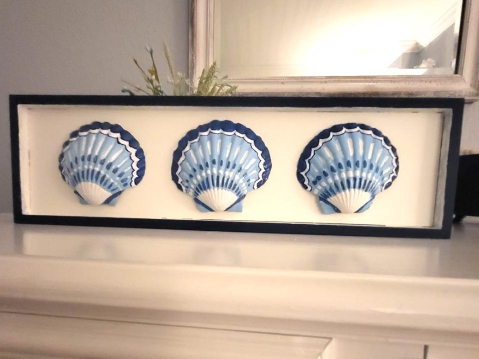 Horizontal Wood Plaque of Large Natural Hand Patterned Scallop Shells ...