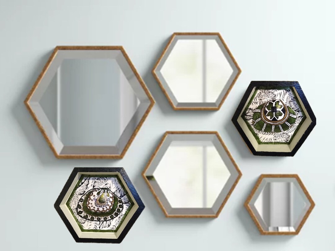 PAIR of Hand Painted Shells Set in Hexagon Shaped Wood Shadowboxes in ...
