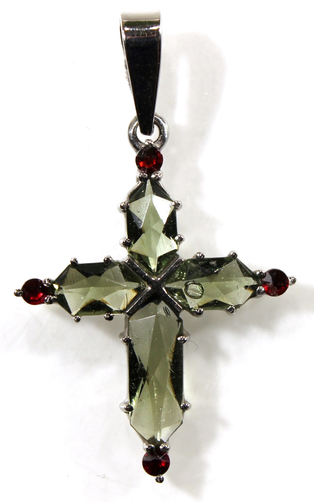 Pendant With Faceted Moldavites and Pyropes czech Garnet, Small Cross ...