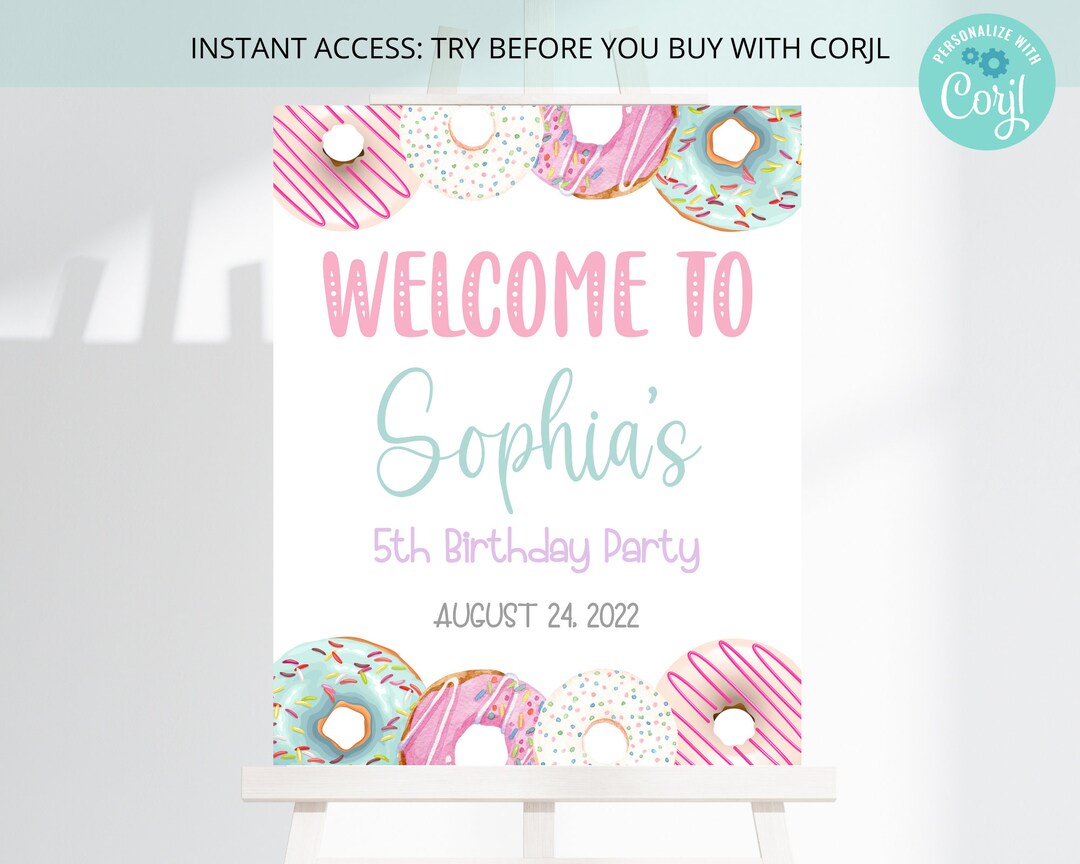 Donut Birthday Welcome Sign , Any Age , Pastel Pink Donuts and ...