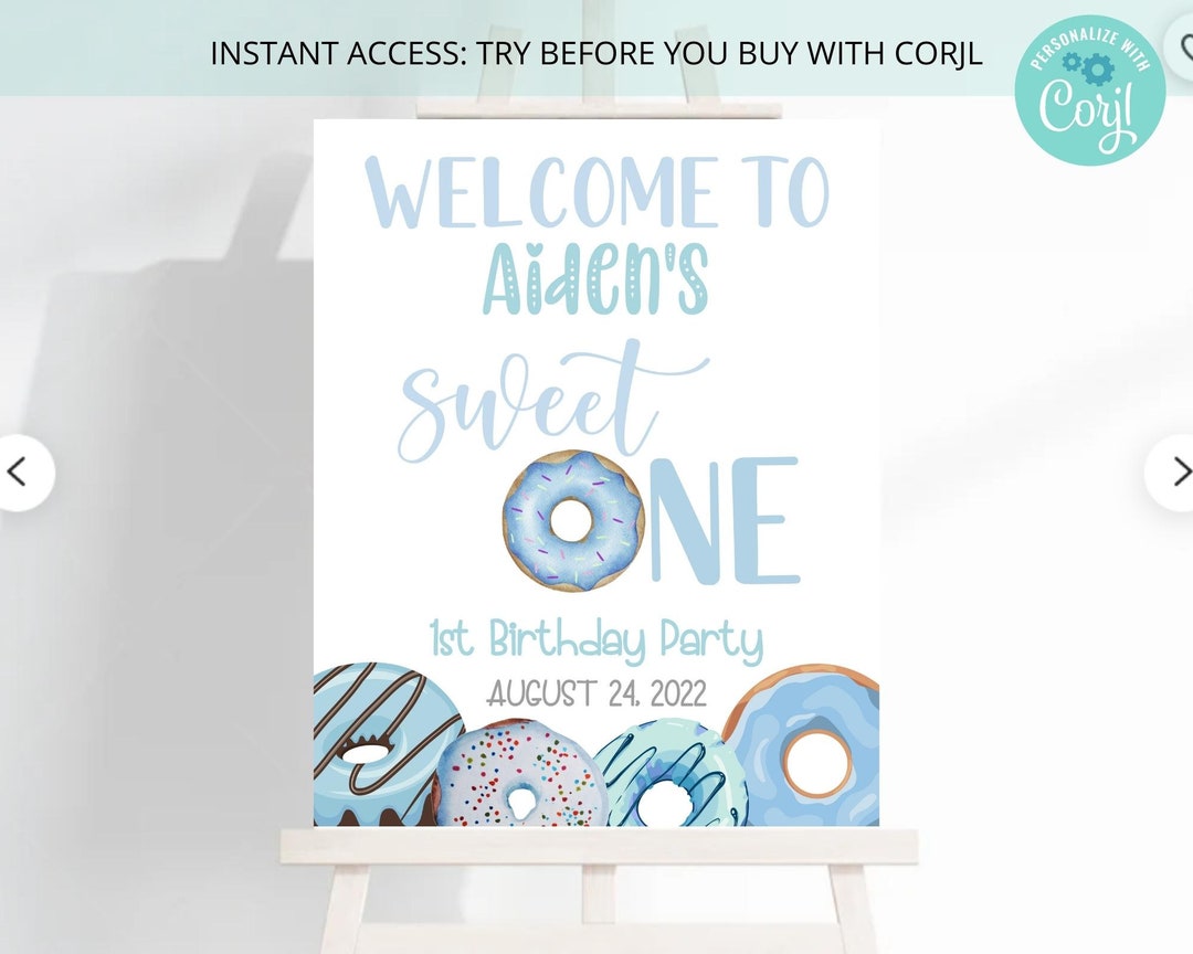Donut Welcome 1st Birthday Sign , Sweet One , Baby Boy , Pastel Blue ...