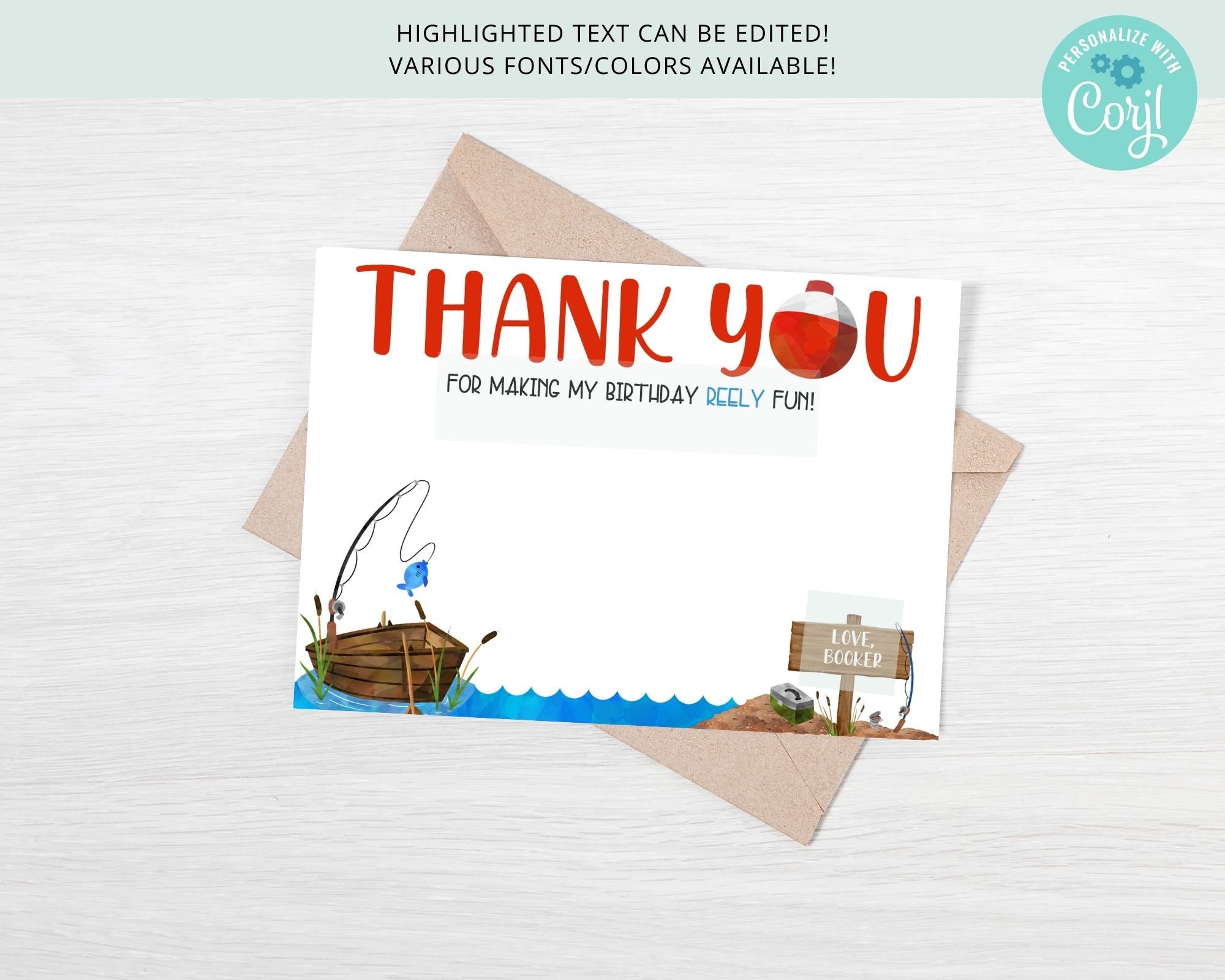 Fishing Birthday Thank You Card, Watercolor Boat Fisherman Water ...