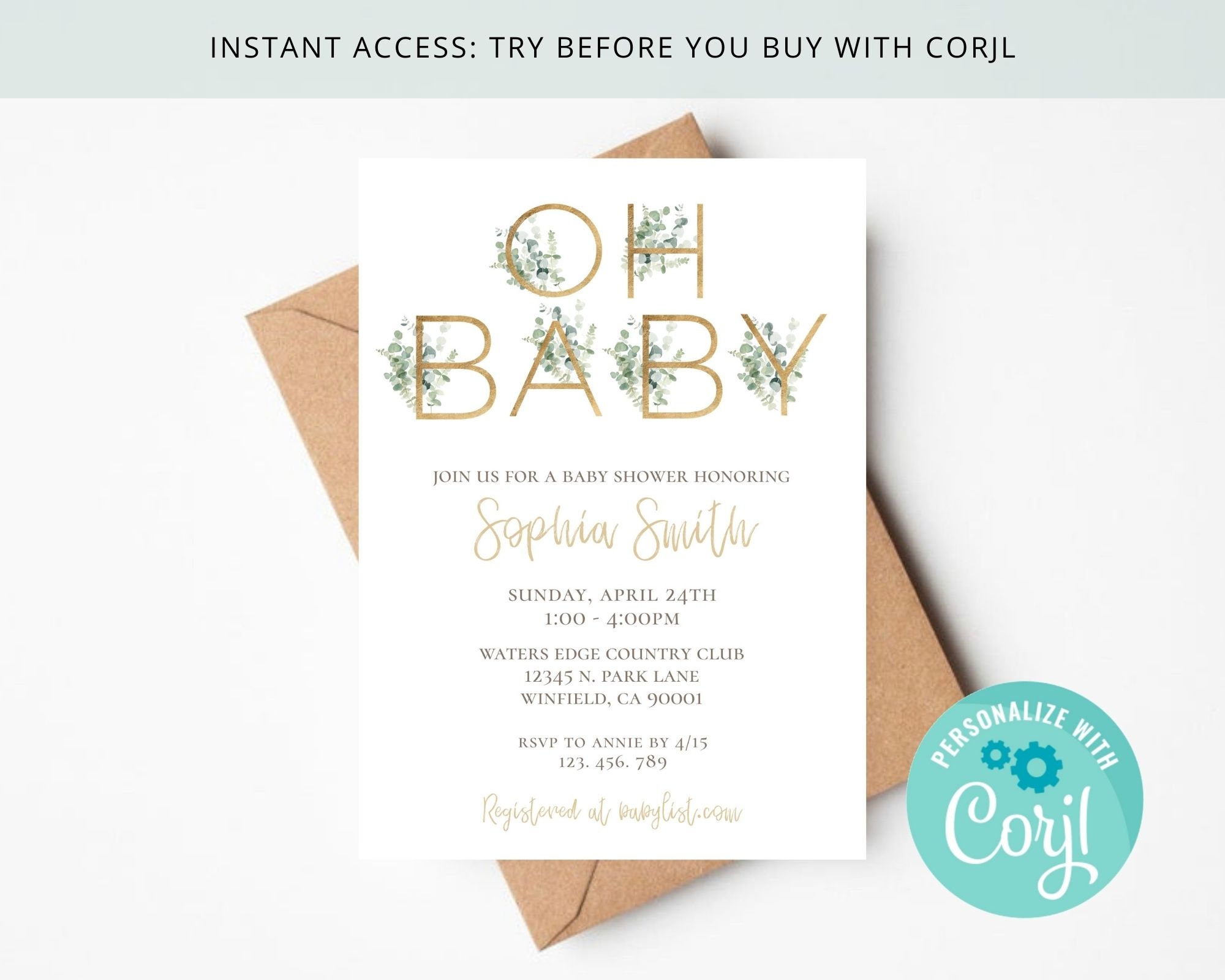 Oh Baby Gender Neutral Baby Shower or Sprinkle Invitation, Boho Green ...