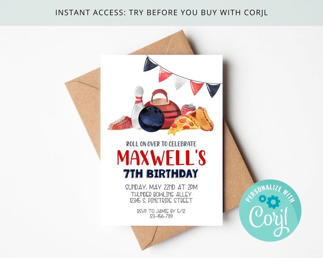 Bowling Birthday Party Invitation , Any Age , Watercolor Bowling Pins ...