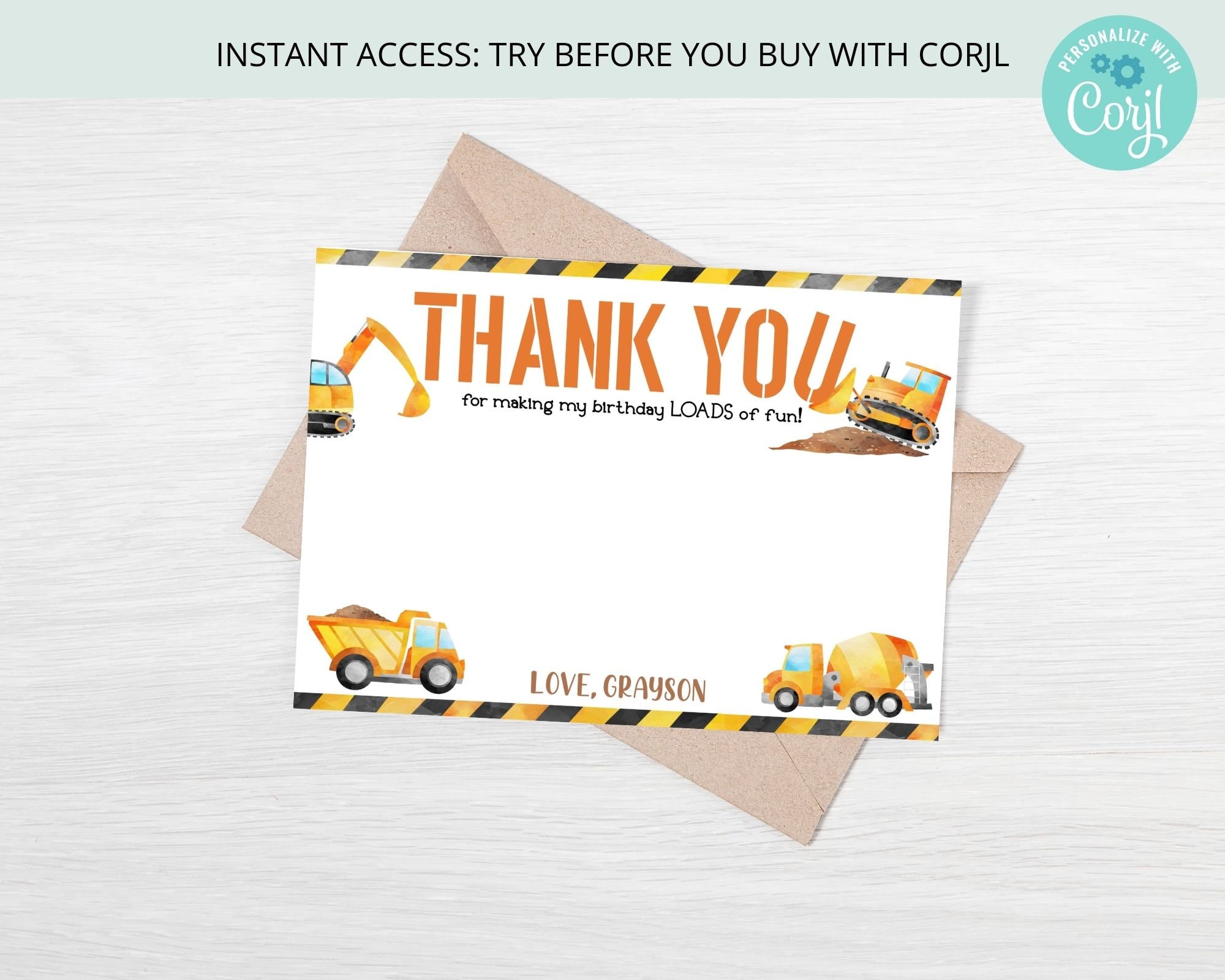 Construction Birthday Thank You Card Orange And Yellow Etsy