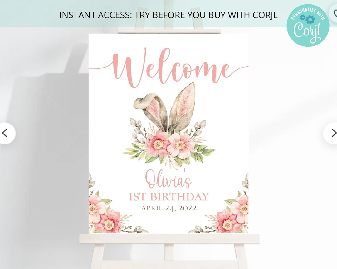 Bunny Ears Birthday Sign , Somebunny is One , Baby Girl , Watercolor ...