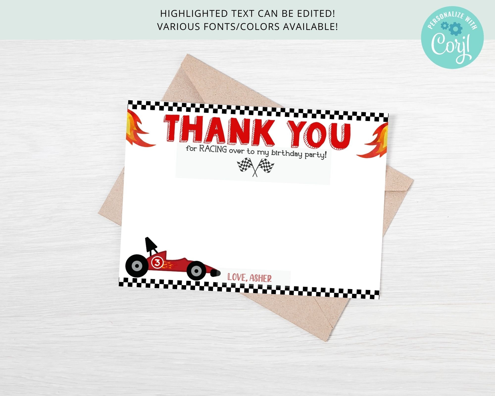 Race Car Birthday Thank You Card , Racing Cars , Red and Black Checkers ...