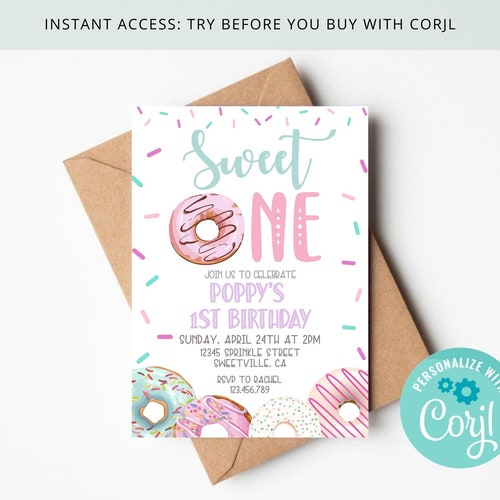 Printable Sweet One Donut Birthday Party Invite Girls 1st - Etsy