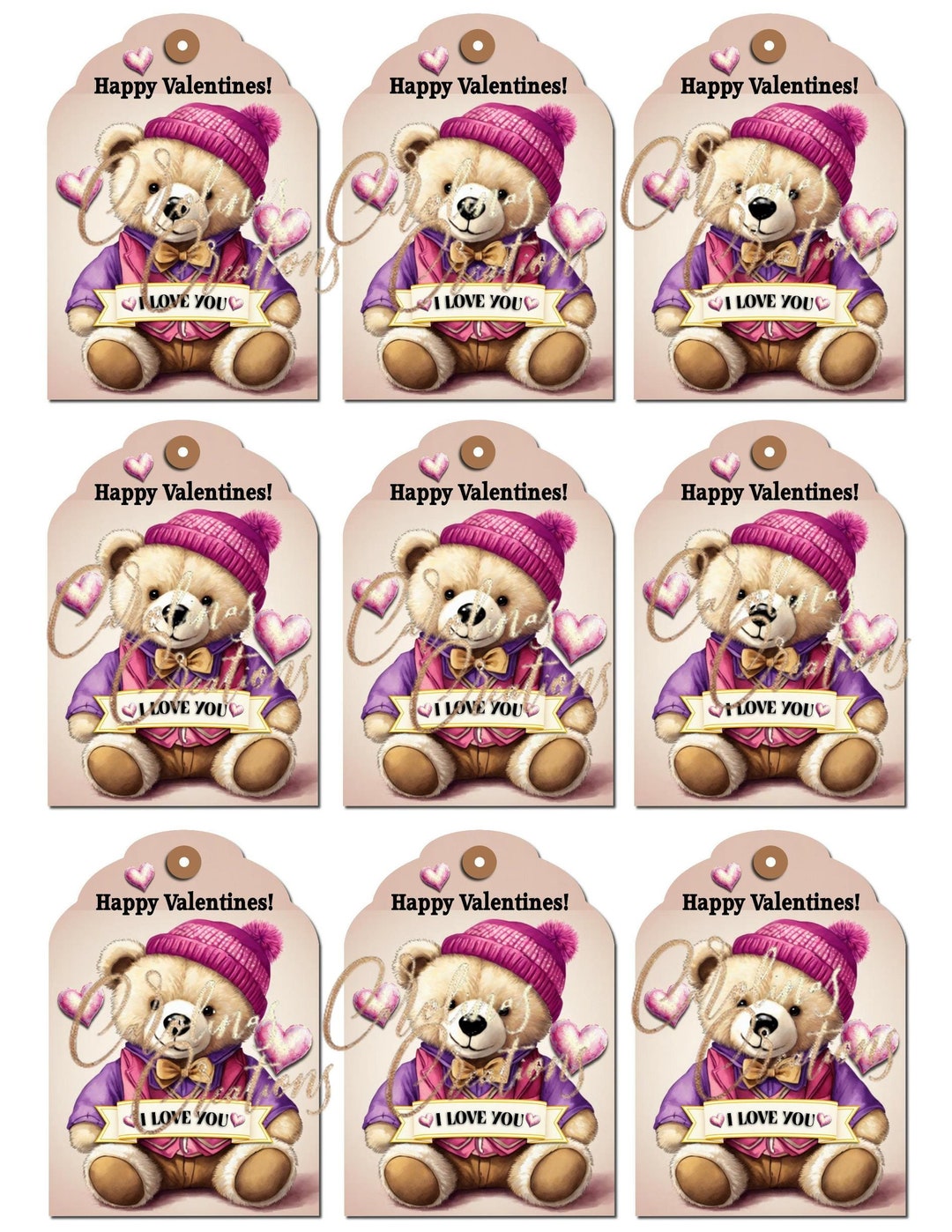 Happy Valentines - I Love You Teddy Bear Tags - Valentines Treat Tags ...
