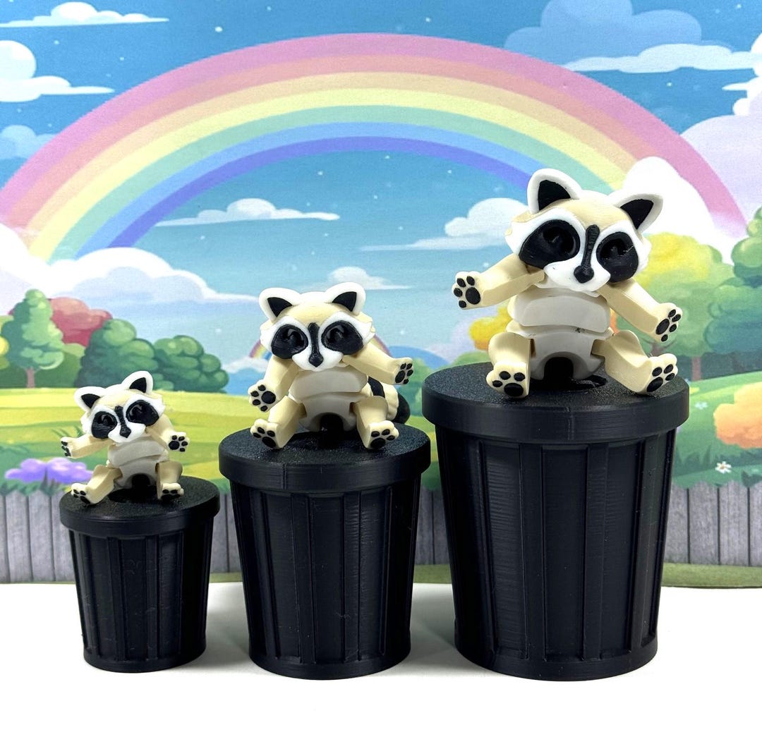 3pcs 3D Printed Racoon With Trashcan, Articulated Cookies and Cream ...
