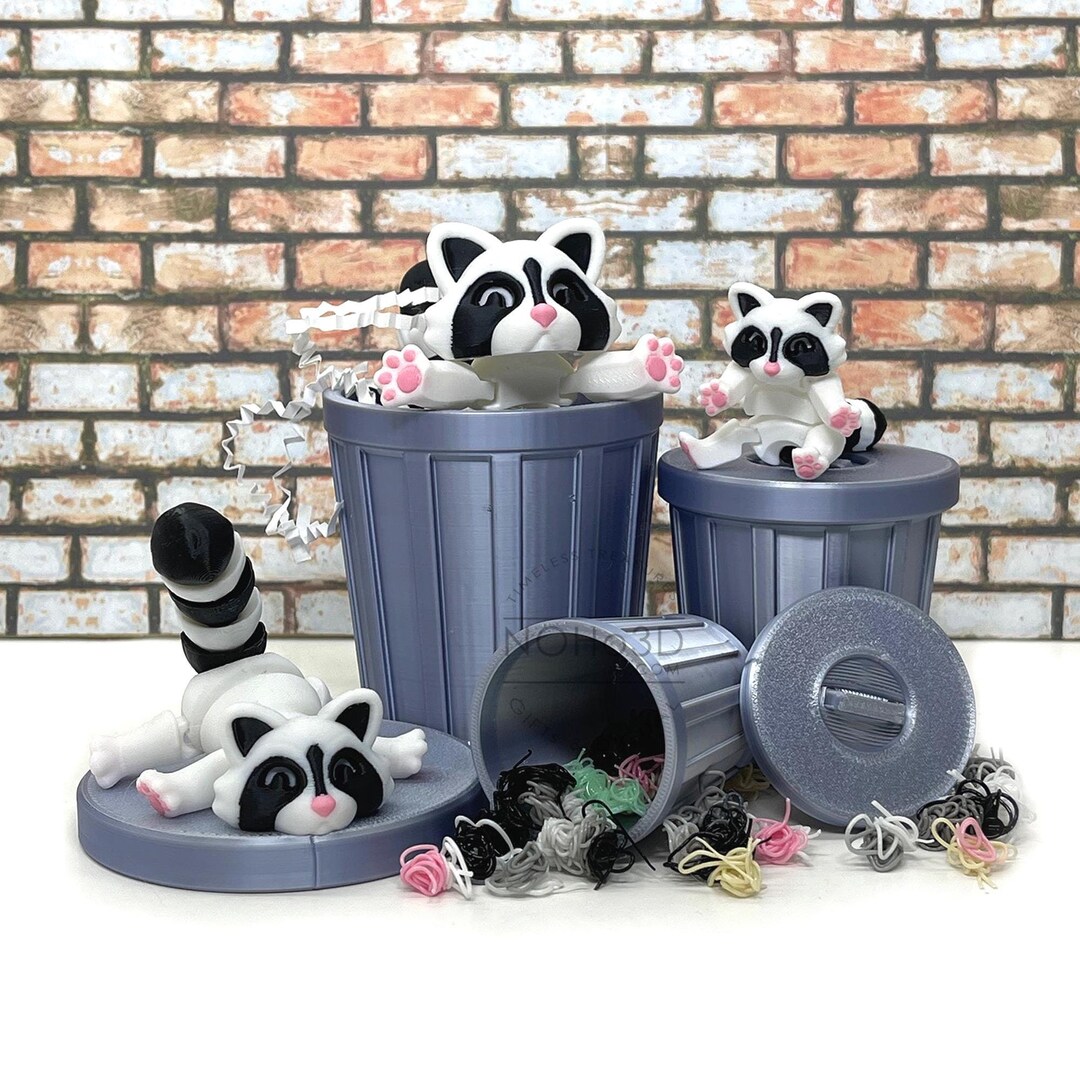 3pcs 3D Printed Racoon With Trashcan, Articulated White and Black Trash ...