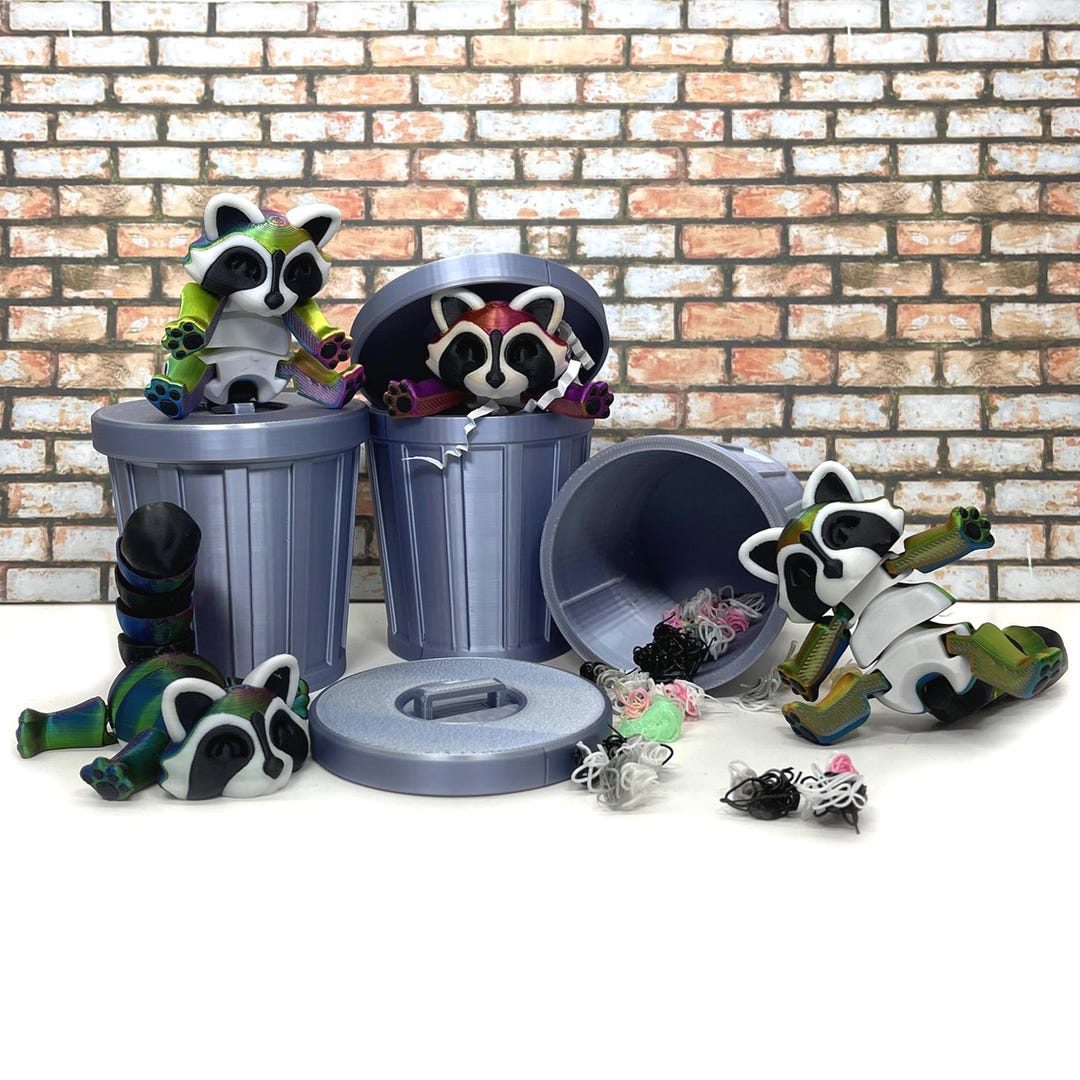 3D Printed Racoon With Trashcan, Articulated Tri Color Trash Panda ...