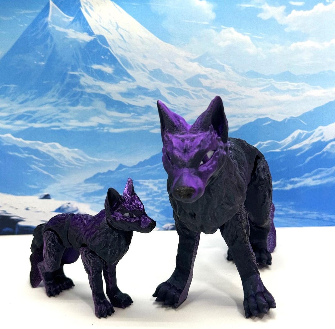 2pcs 3D Printed Wolf, Black and Purple Articulated Wolf, Mother and ...