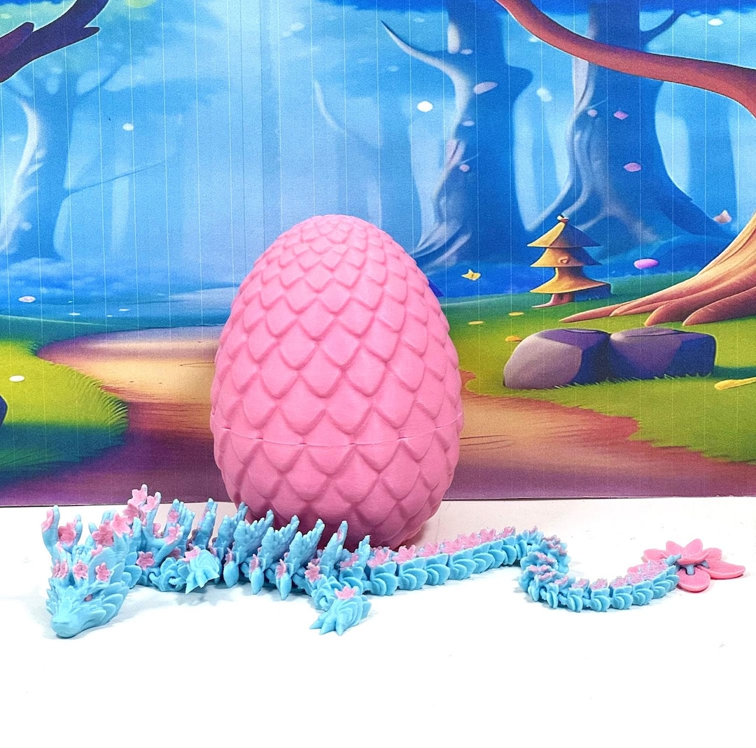 3D Printed Articulated Dragon With Egg: Blue & Pink Cherry Blossom ...
