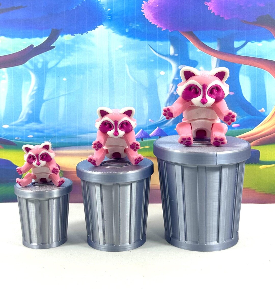 3pcs 3D Printed Racoon With Trashcan, Articulated Raspberry Trash Panda ...