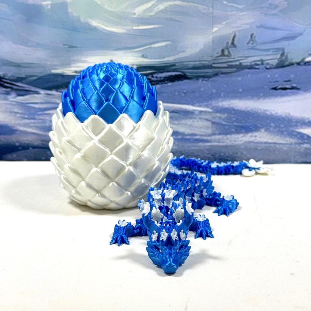 3D Printed Articulated Dragon With Egg: Blue & White Fidget Toy - Etsy