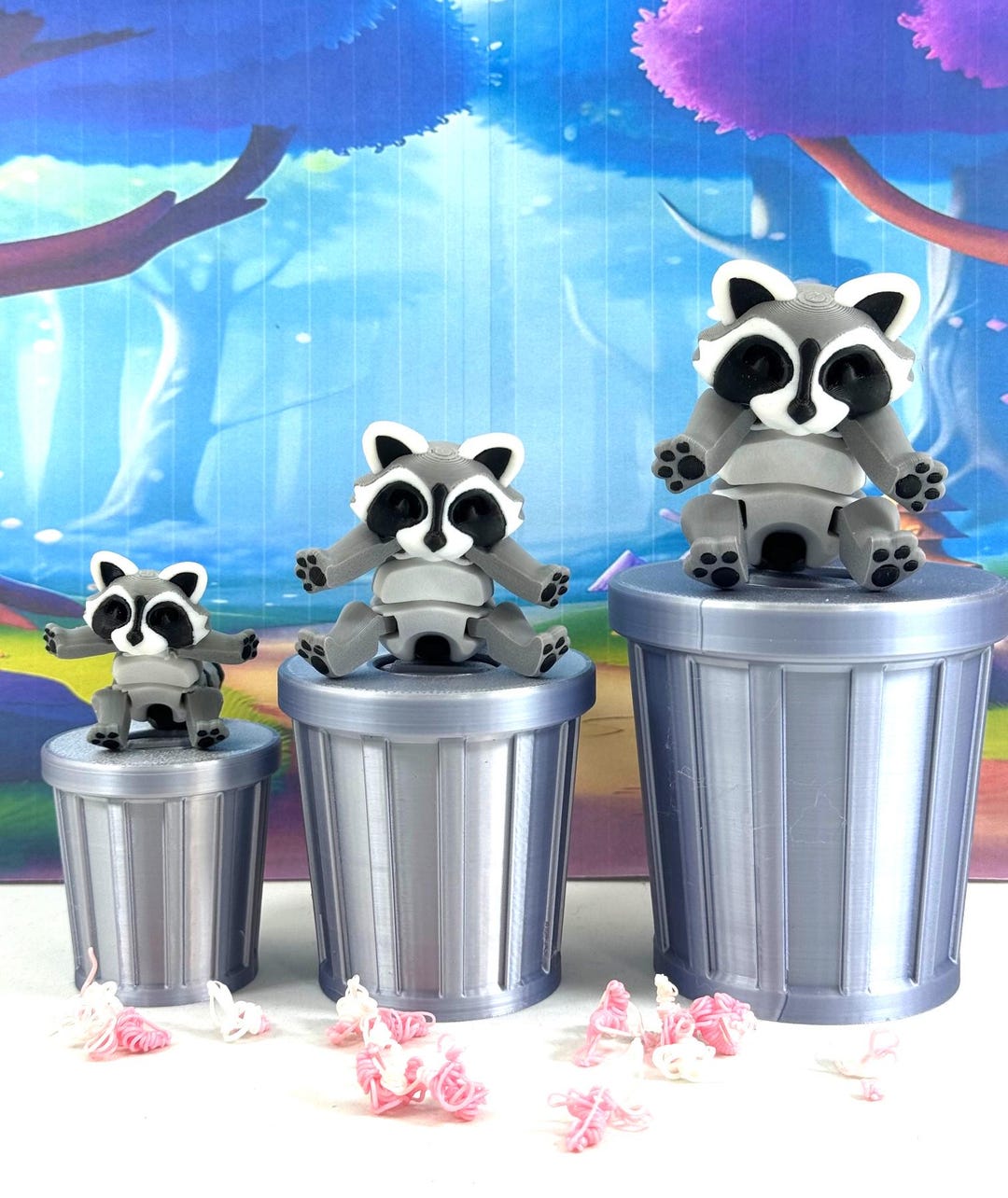 3pcs 3D Printed Racoon With Trashcan, Articulated Gray & Black Trash ...