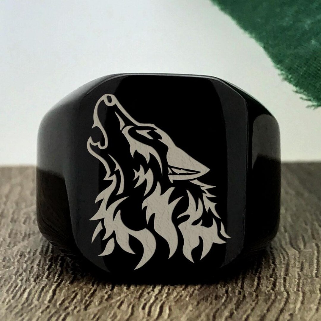 Personalized Black Stainless Steel Wolf Signet Ring: Engraved Biker ...