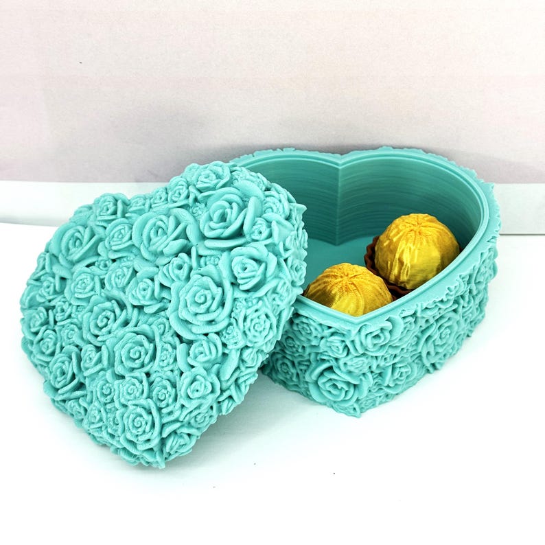3D Printed Pink Heart Box With Love Heart Dragon, Teal Rose Heart ...