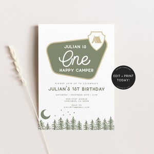 One Happy Camper Birthday Invitation Template, Boy First Birthday, Camping, National Park ...