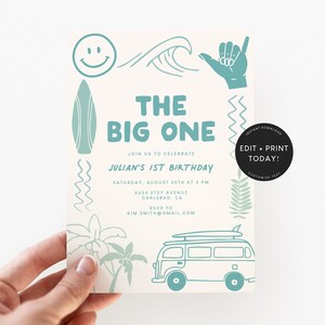 The Big One Birthday Invitation Template, Surf, Wave, Beach Birthday ...