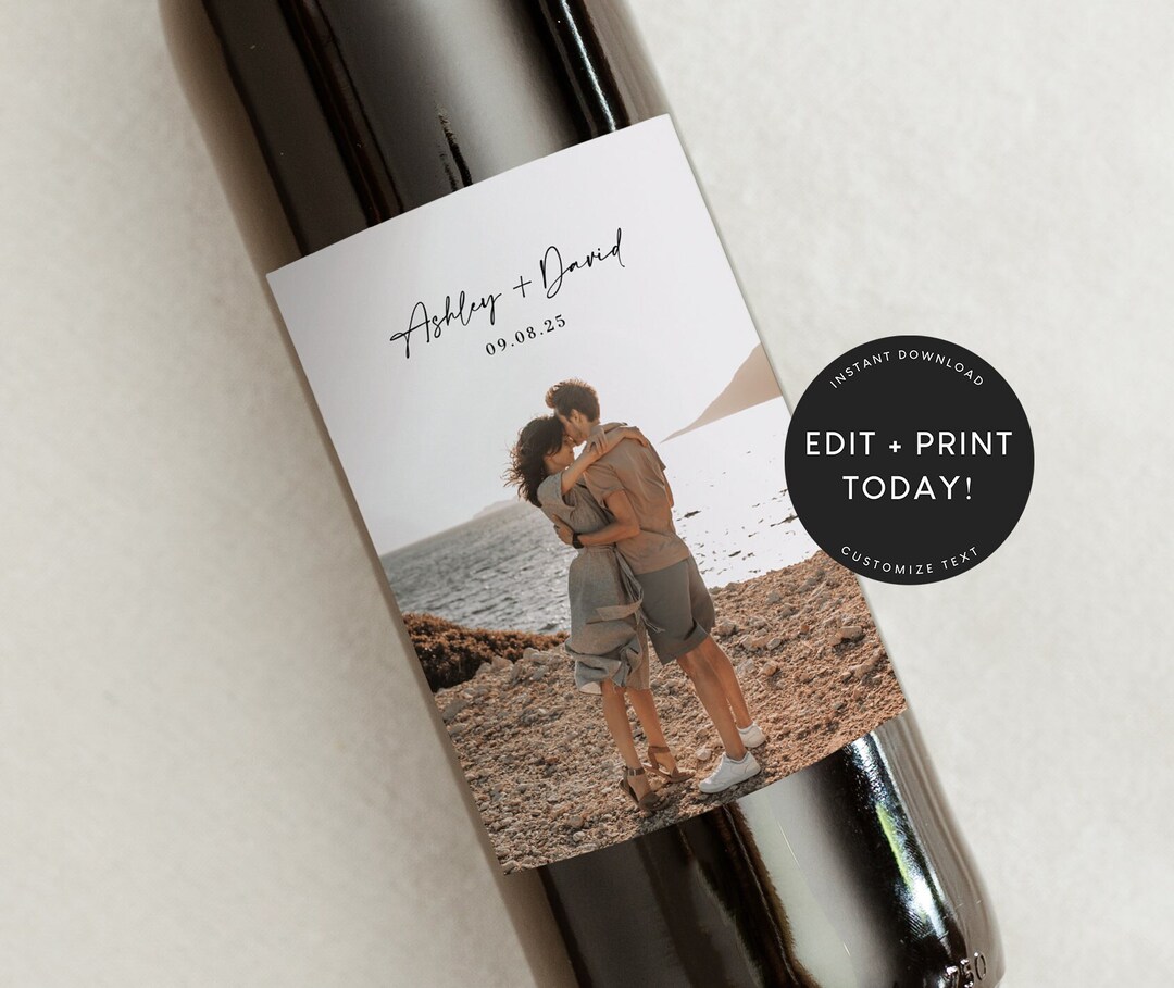 Photo Wine Label TEMPLATE, Custom Wine Label Download, Engagement Gift ...