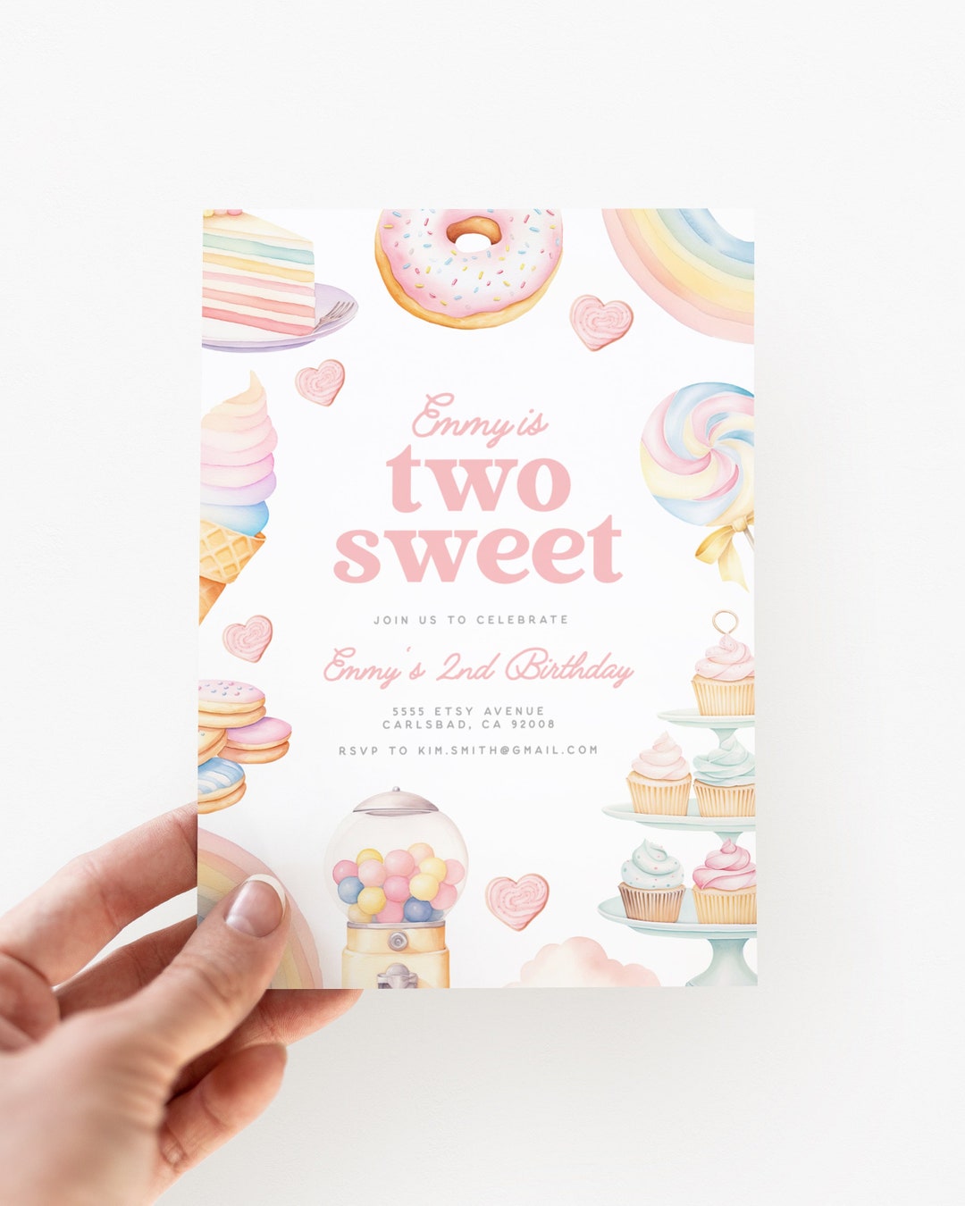 Two Sweet Birthday Invitation Template, 2nd Birthday, Pastel Rainbow ...
