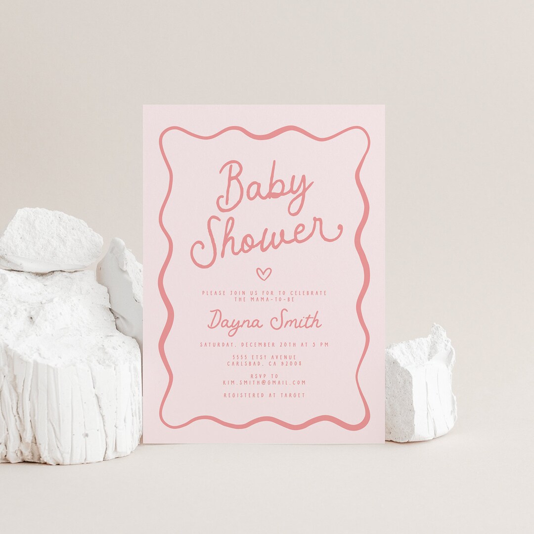 Wavy Pink Baby Shower Invitation Template, Girl Baby Shower, Aesthetic ...