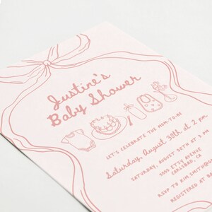 Pink Bow Baby Shower Invitation Template, Hand Drawn, Wavy, Digital ...