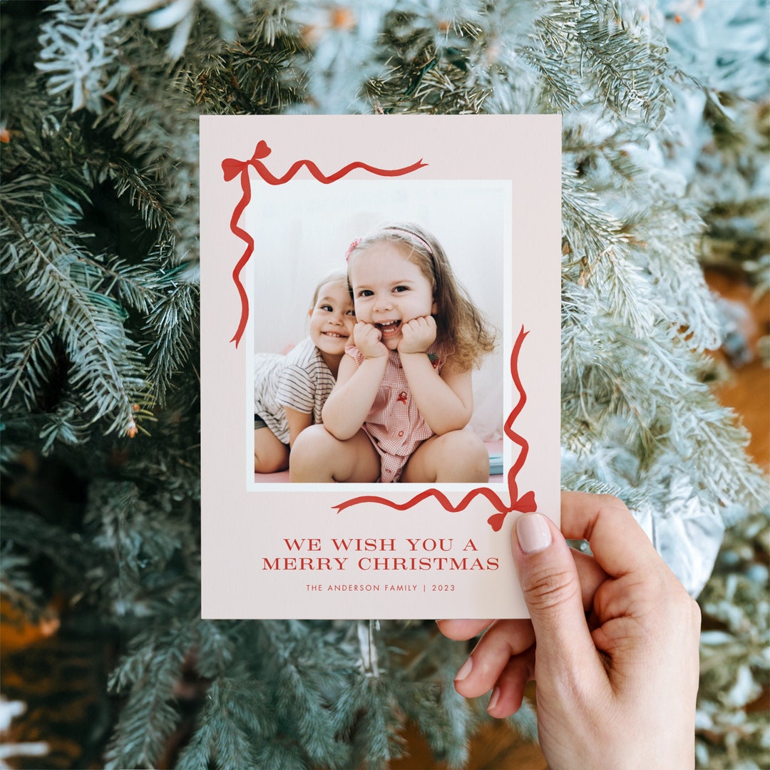 Christmas Card Template, Holiday Photo Card Template, Pink and Red Bow ...
